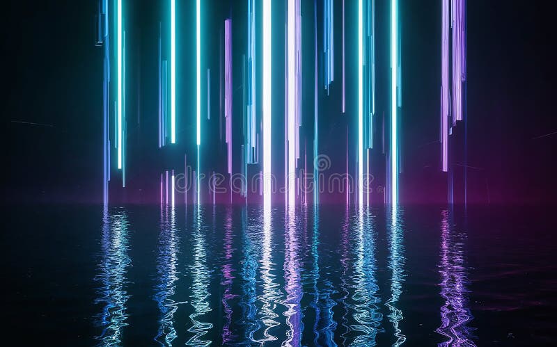 Futuristic Neon Light Beams Reflecting on Water Surface Stock ...
