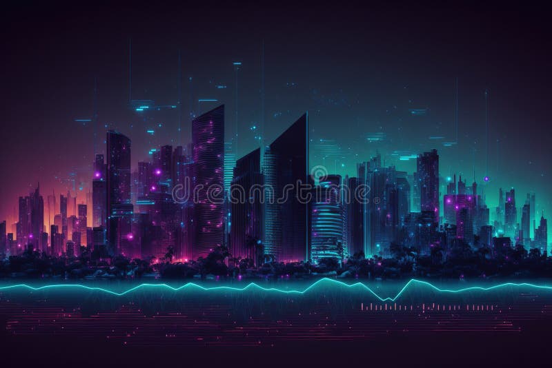 Futuristic Neon Light City Building with Skyline Background. Flawless ...