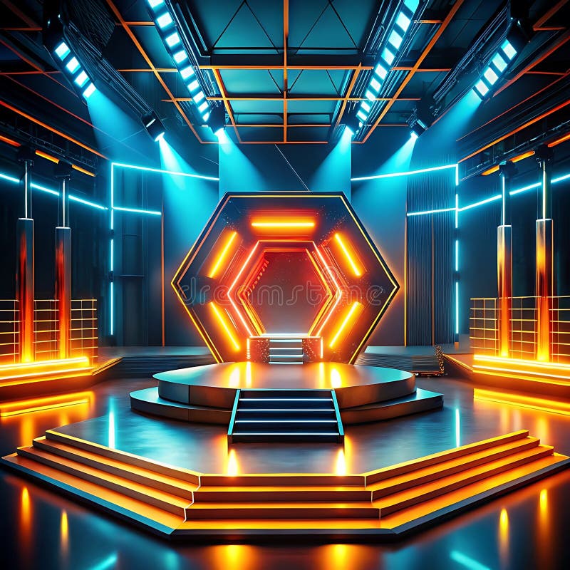 Futuristic Neon Light Stage with Hexagonal Design Stock Illustration ...
