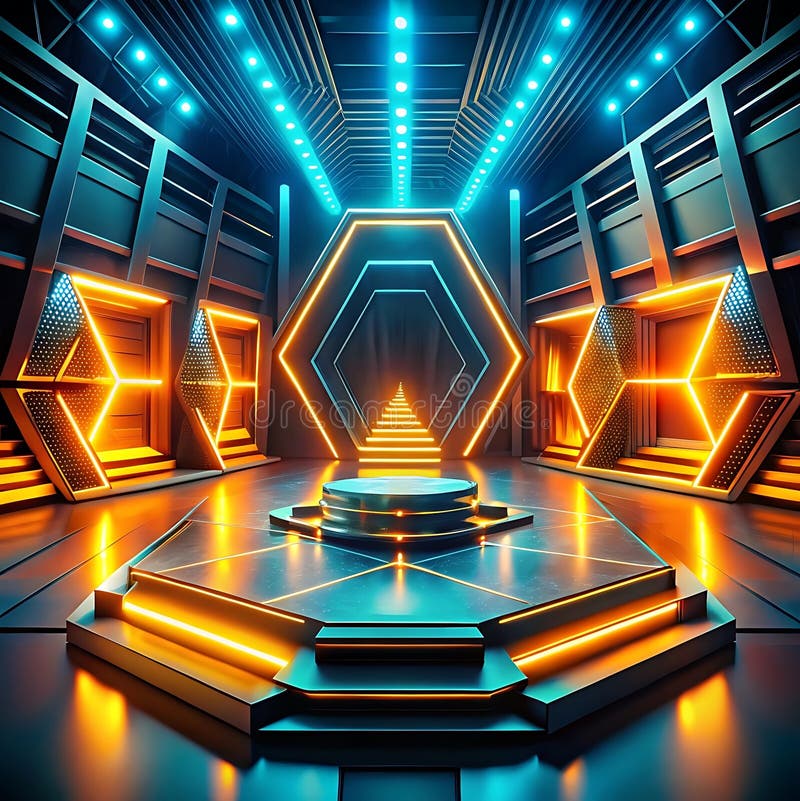 Futuristic Neon Light Stage with Hexagonal Design Stock Illustration ...