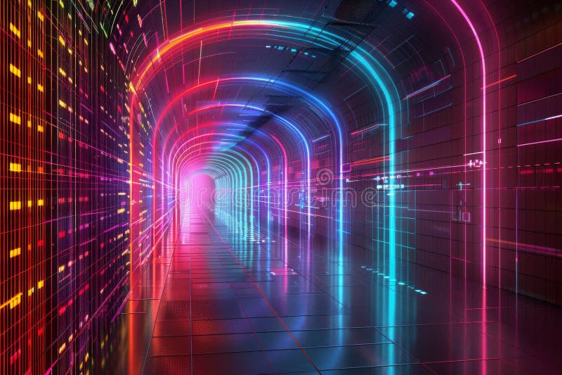 Futuristic Neon Light Tunnel with Rainbow Colors, Capturing a Dynamic ...