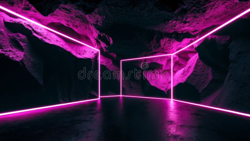 Futuristic Neon Lighting in Dark Rocky Cave. Stock Photo - Image of ...