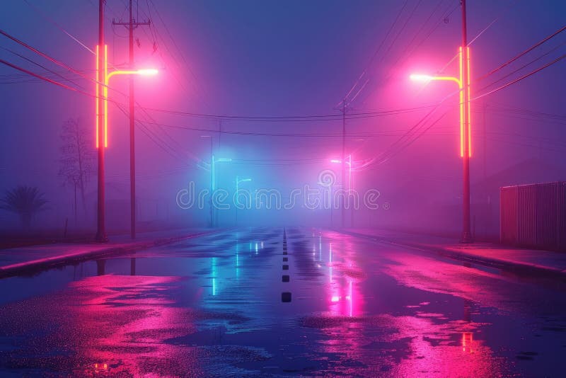 Futuristic Neon Lights on Electricity Poles at Night by the Road Stock ...
