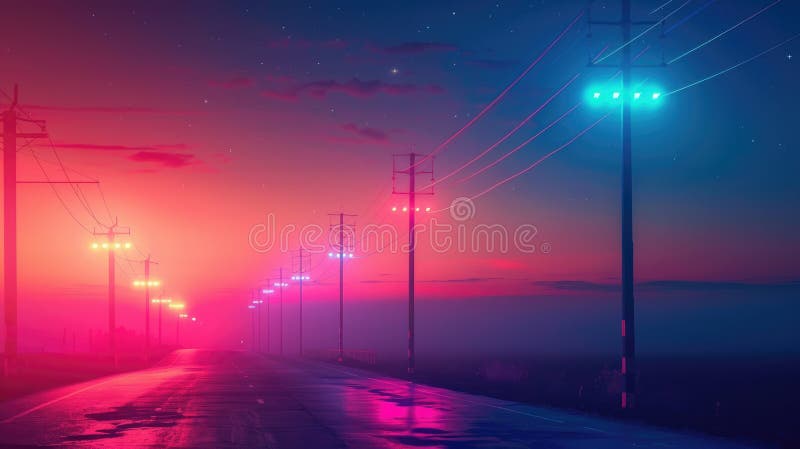 Futuristic Neon Lights on Electricity Poles at Night by the Road Stock ...