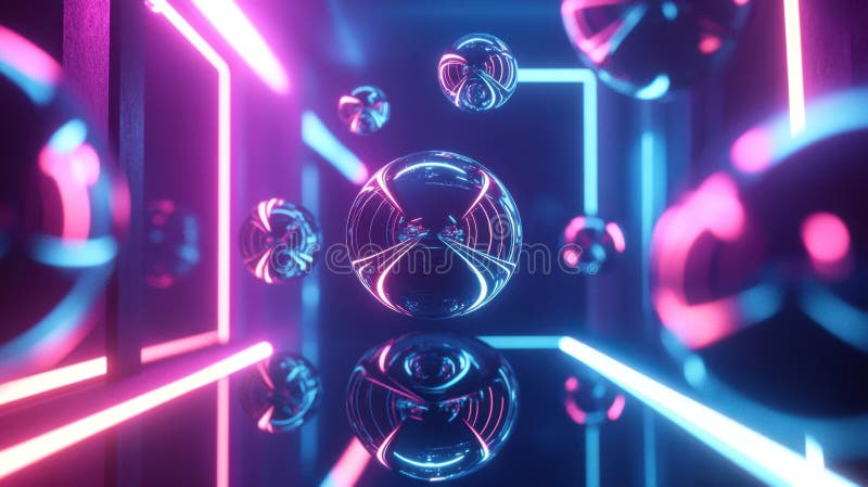 Futuristic Neon Lights with Floating Glass Spheres Stock Photo - Image ...