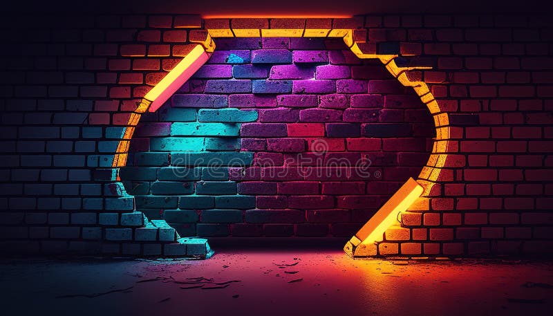 Futuristic Neon Lights on Grunge Brick Wall, Blending Retro and Modern ...