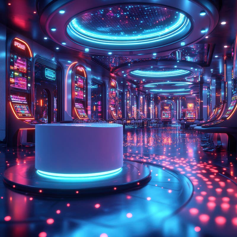 Futuristic Neon-lit Arcade with Holographic Interfaces, Ideal for VR ...