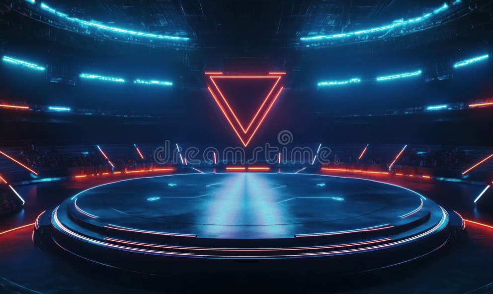 Futuristic Neon-lit Arena with Glowing Triangular Design and Circular ...