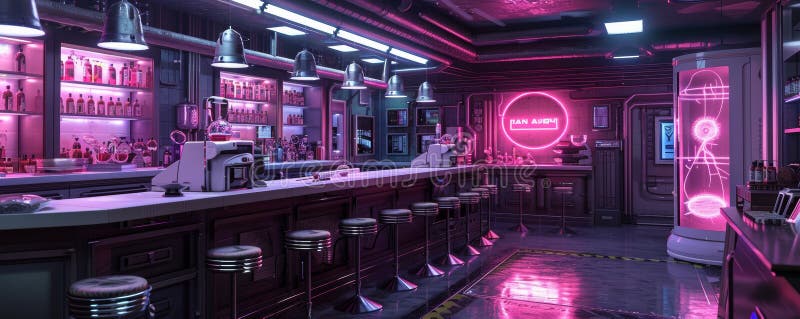 Futuristic NeonLit Bar Interior with HighTech Equipment and Modern ...