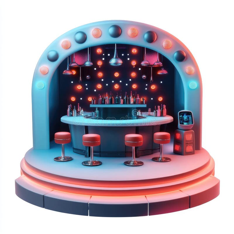 Retro Futuristic Bar Design: Neon Lights and Curved Counter Stock ...