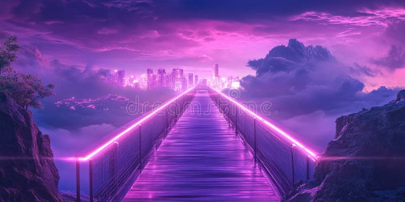 A Futuristic Neon-Lit Bridge Leading into a Cyber City for Urban ...