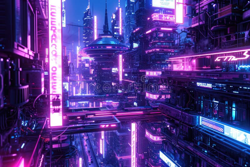 Futuristic Neon-lit Cityscape, Cyberpunk Cityscape with Neon Lights ...