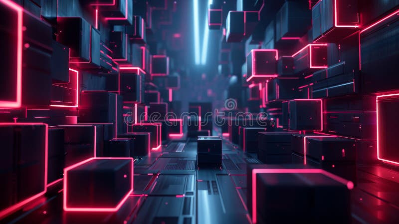 Futuristic Neon-lit Corridor with Abstract Blocks, Digital Art Concept ...