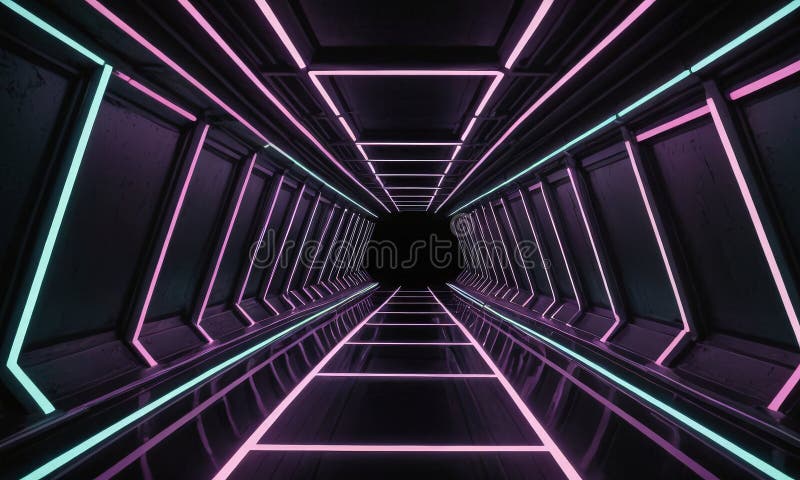 Futuristic, Neon-lit Corridor with Geometric Pattern Rectangular Panels ...