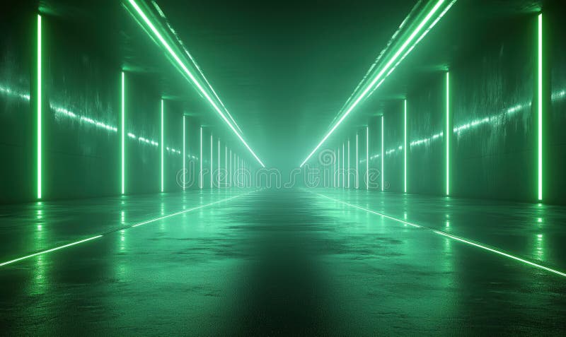 Futuristic Green Corridor Glowing Neon Lights Reflective Floor Stock ...