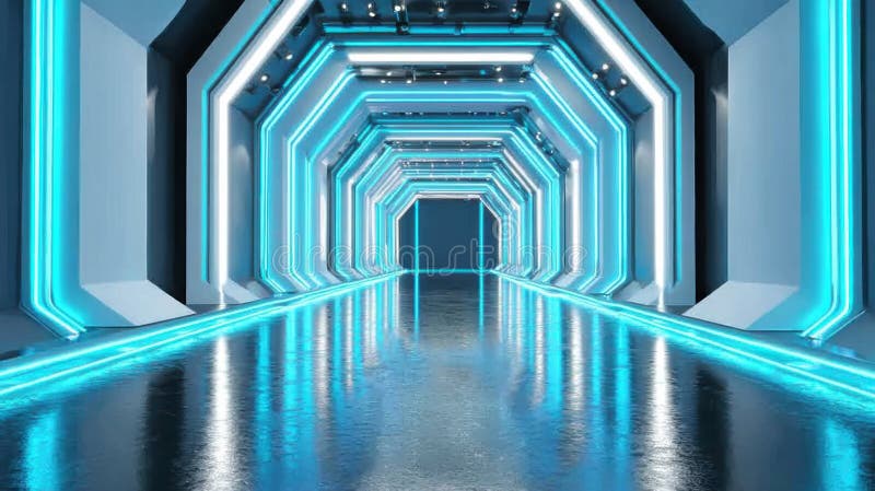 Futuristic Neon-Lit Corridor with Reflective Floor. Modern Architecture ...