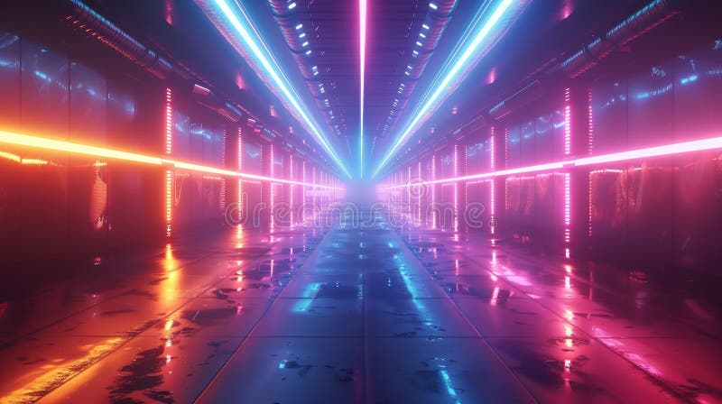 Futuristic Neon Lit Corridor with Reflective Surfaces and Vibrant ...