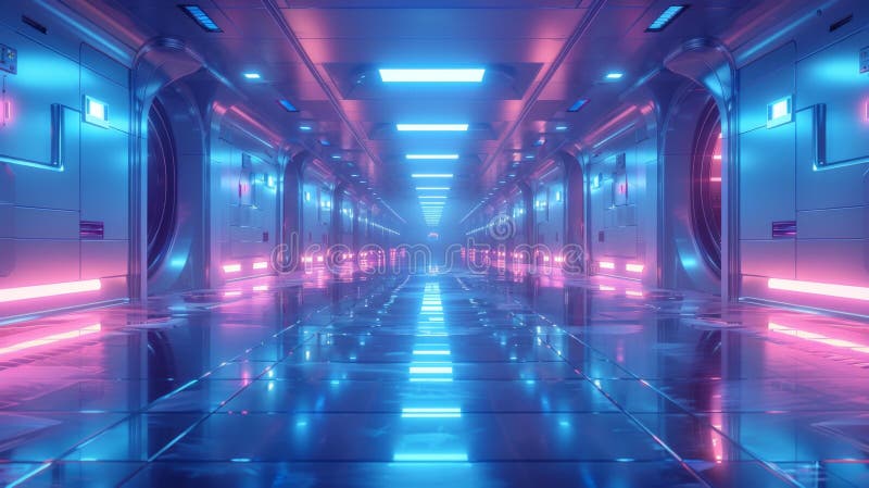 Futuristic Neon-lit Corridor in Sci-fi Setting - Generative Ai Stock ...
