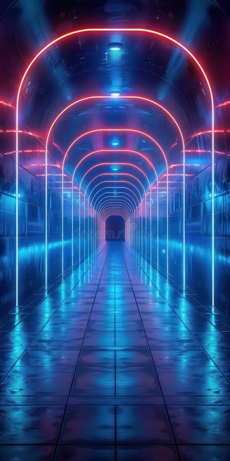 Futuristic Neon-lit Corridor with Vibrant Blue and Pink Arches Creating ...