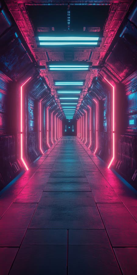 Futuristic Neon Lit Corridor with Vibrant Pink and Blue Lights in a Sci ...