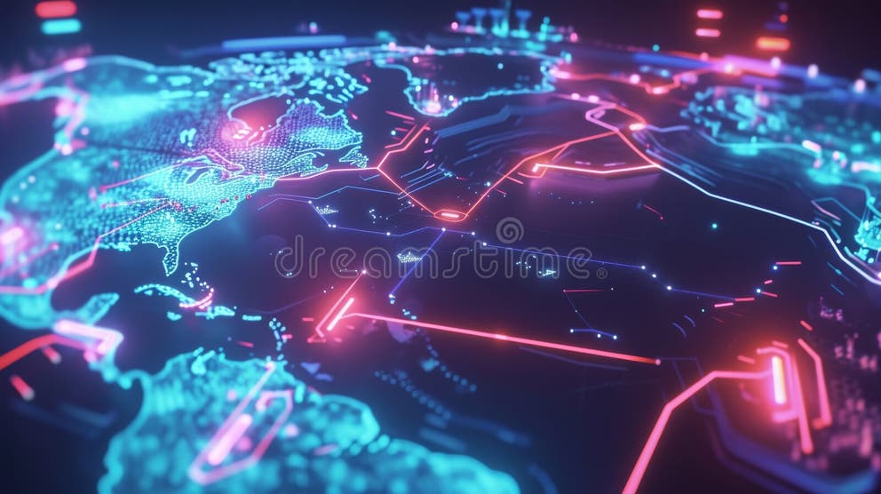 Futuristic Neon-lit Digital Map with Glowing Data Pathways Stock Photo ...