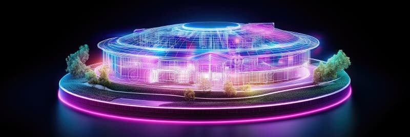 Futuristic Neon Lit Dome Building with Holographic Design Elements and ...