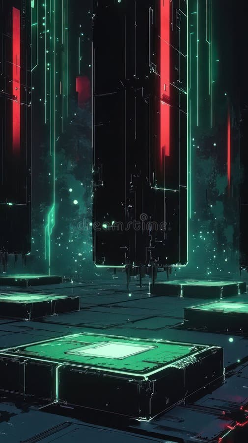 A Futuristic, Neon-lit Environment with Towering Structures and Glowing ...