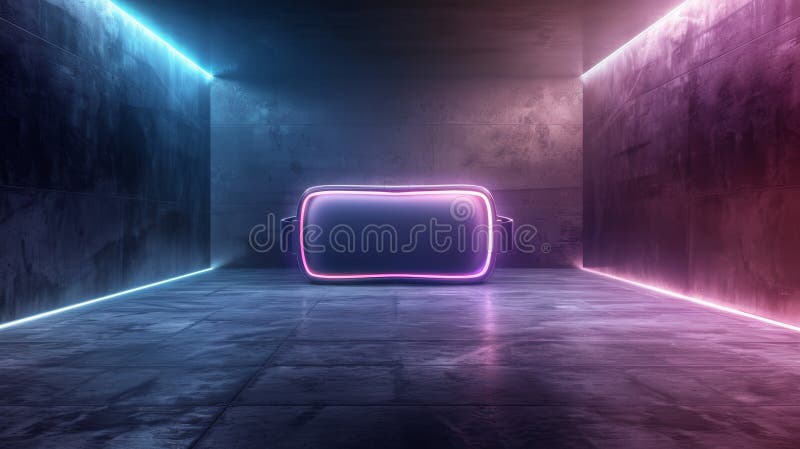 A Futuristic, Neon-lit Hallway with a Glowing Box in the Center ...