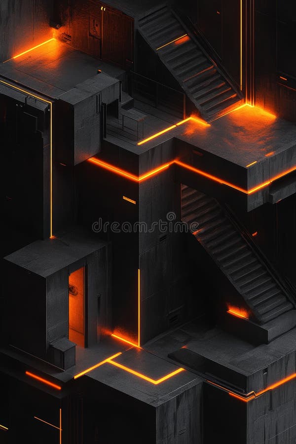 Futuristic Neon-Lit Industrial Architecture with Geometric Patterns ...