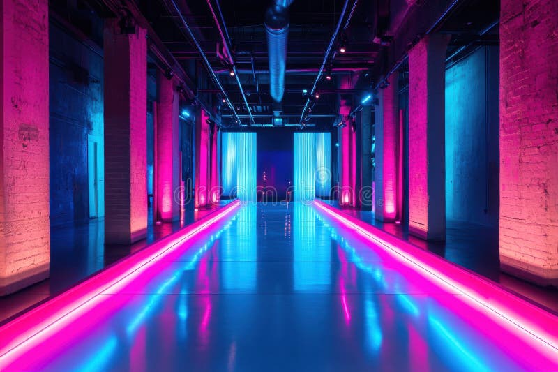 Futuristic Neon-lit Industrial Interior with Reflections on Shiny Floor ...