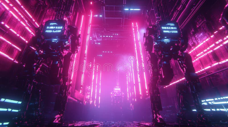 Futuristic Neon-lit Industrial Setting with Large Mechanical Structures ...