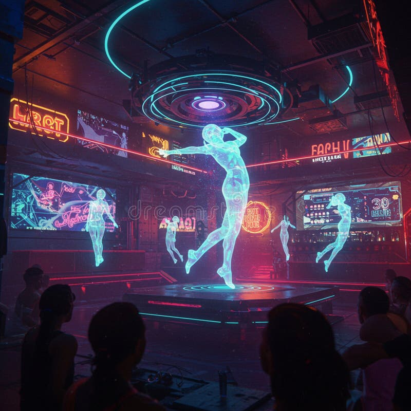 A Futuristic, Neon-lit Interior Features Holographic Figures of Human ...