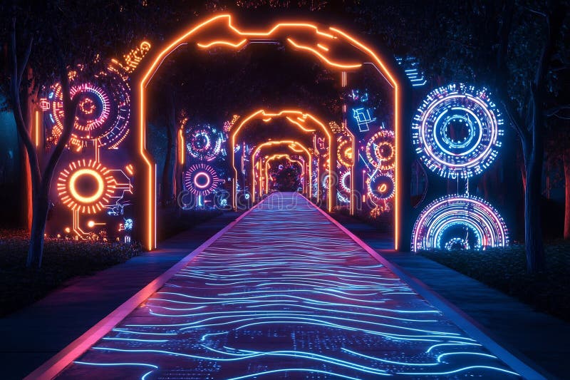 Futuristic Neon Lit Park with Pulsing Lights and Intricate Tech ...