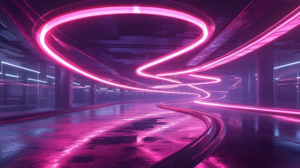 Futuristic Neon-Lit Pathway with Reflective Floor Stock Illustration ...