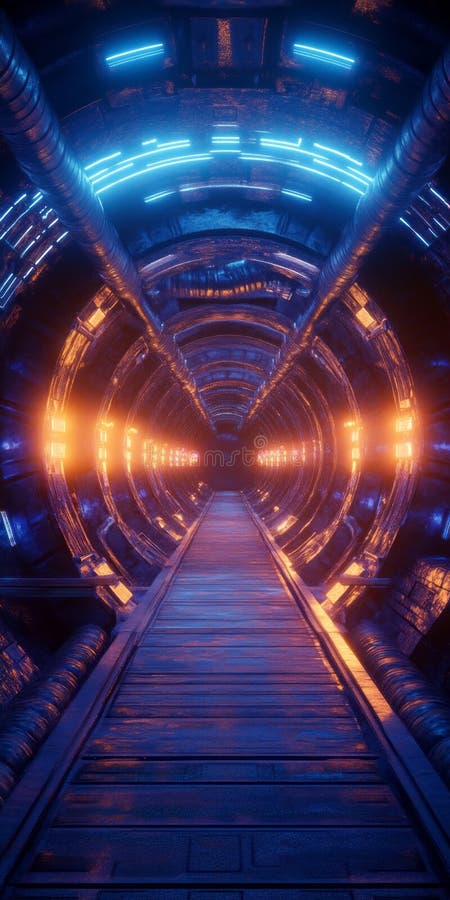 Futuristic Neon-Lit Sci-Fi Corridor with Glowing Lights and Metallic ...