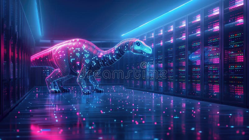 A Futuristic Neon-lit Server Room with a Holographic Dinosaur, Blending ...