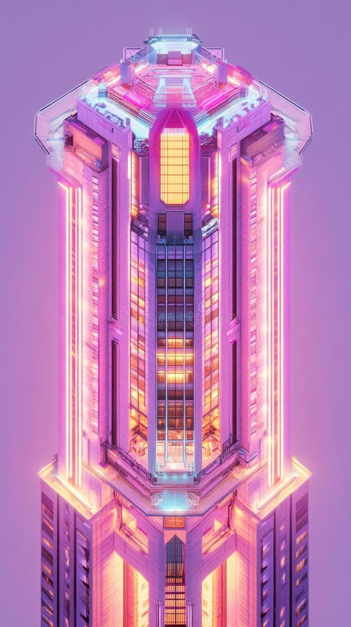 Futuristic Neon-Lit Skyscraper at Dusk with Vibrant Colors Stock ...
