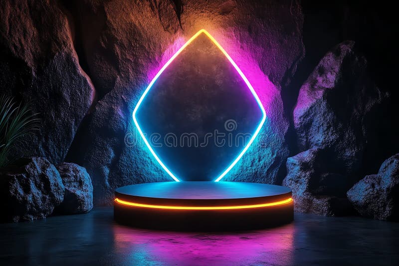 Futuristic Neon-lit Stage in a Cave with Geometric Design, Showcasing a ...