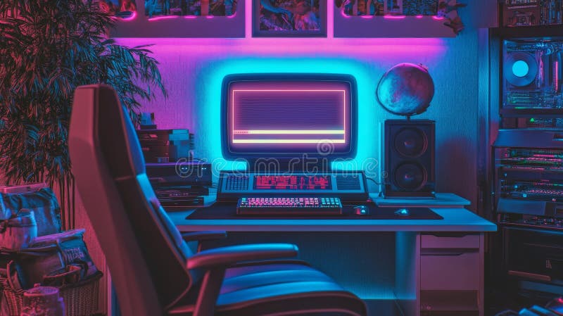 Futuristic Neon-lit Workspace with Retro Computer Setup Stock Image ...