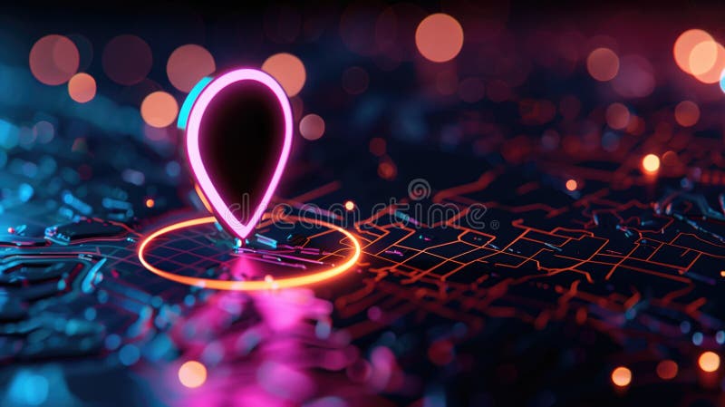 Futuristic Neon Location Pin on Digital Circuit Board Map for ...