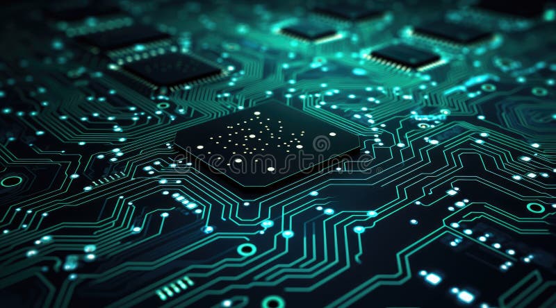 Futuristic Neon Microprocessor on Blue Background. Integrated Microchip ...