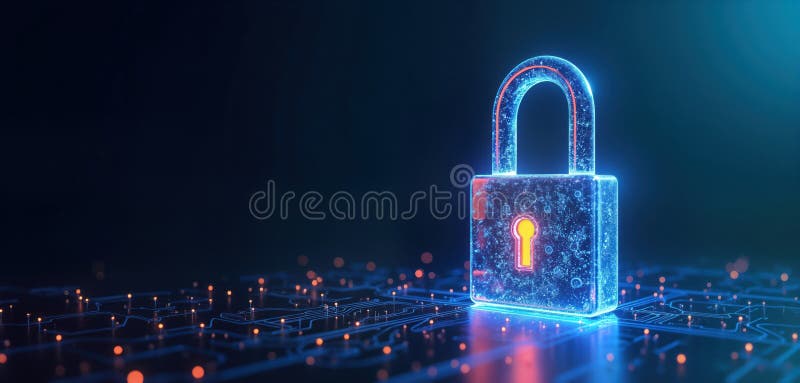 Futuristic Neon Padlock Sits on Circuit Board. Glowing Padlock ...