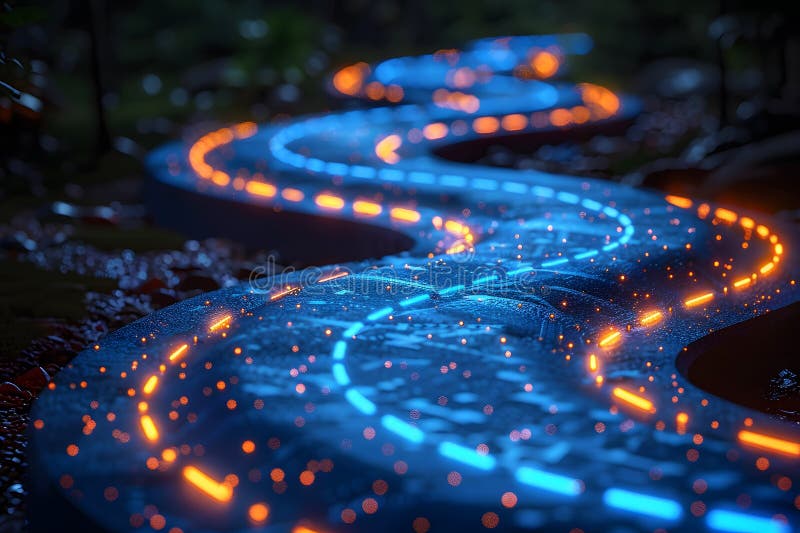 Futuristic Neon Pathway - Abstract Glowing Road in Night Forest ...