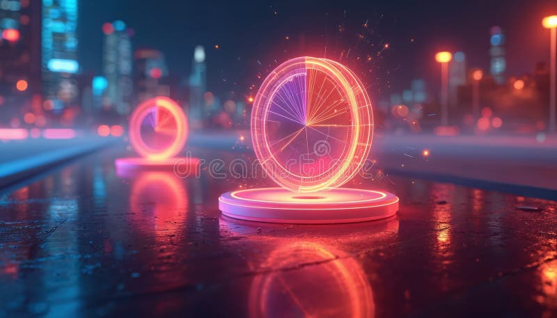 Futuristic Neon Pie Charts Float. Data Visualization Shows Savings ...