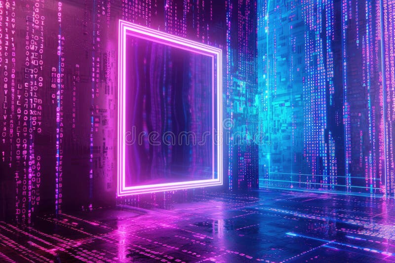 Futuristic Neon Pink Rectangular Frame in a Vibrant Blue Digital Space ...