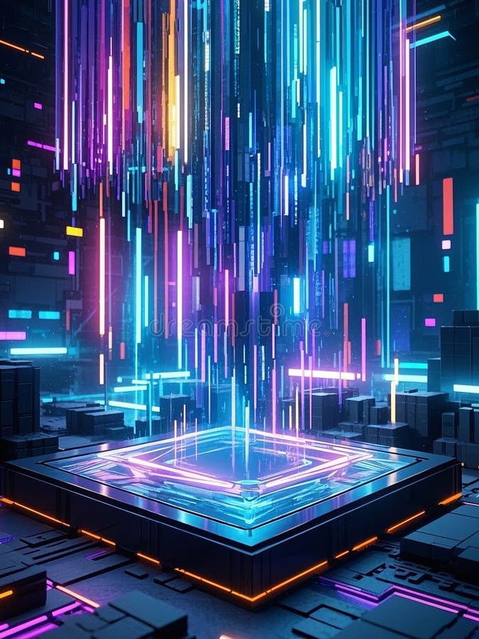 Futuristic Neon Platform with Digital Data Streams Stock Illustration ...