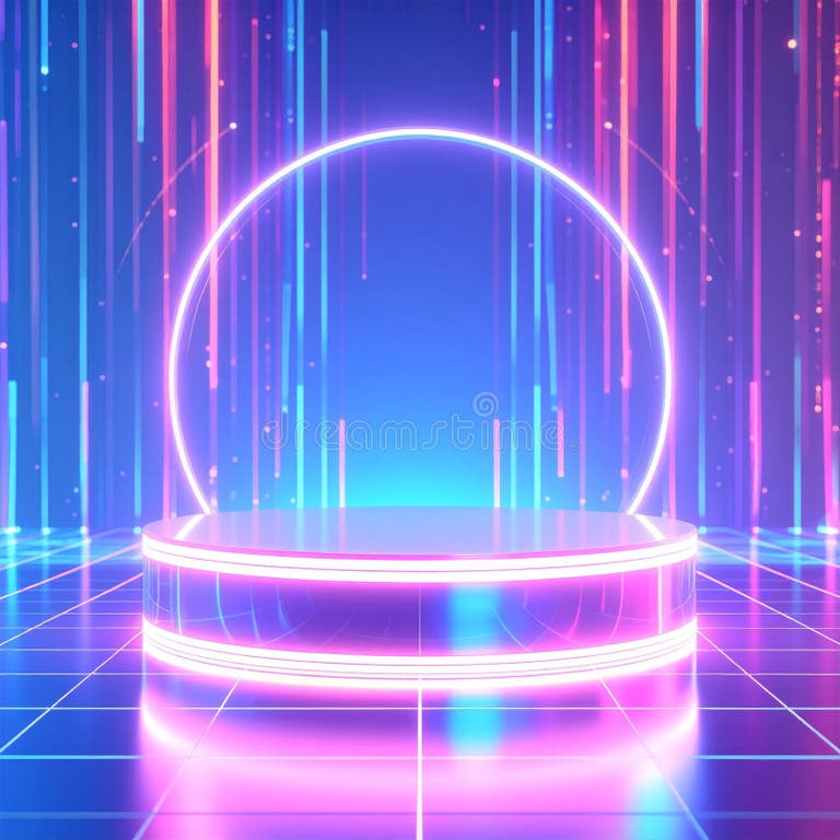 Futuristic Neon Platform with Glowing Circle and Vertical Lines Stock ...