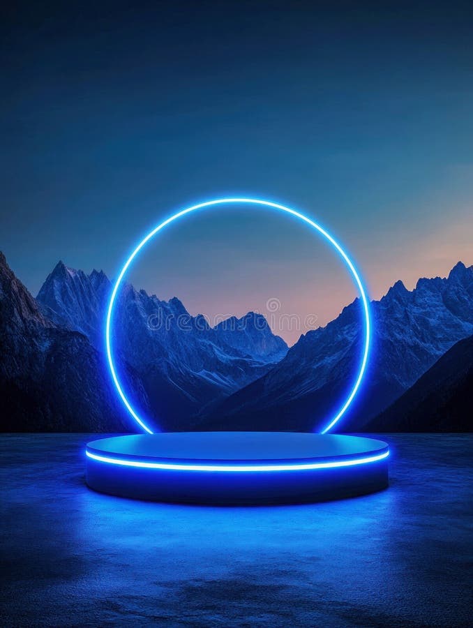 Futuristic Neon Platform in a Mountain Landscape Stock Illustration ...