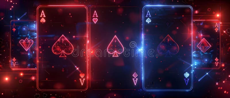 Futuristic Neon Playing Cards on Black Background with Red and Blue ...