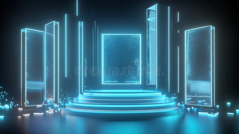 Futuristic Neon Portal with Circular Platform Stock Illustration ...